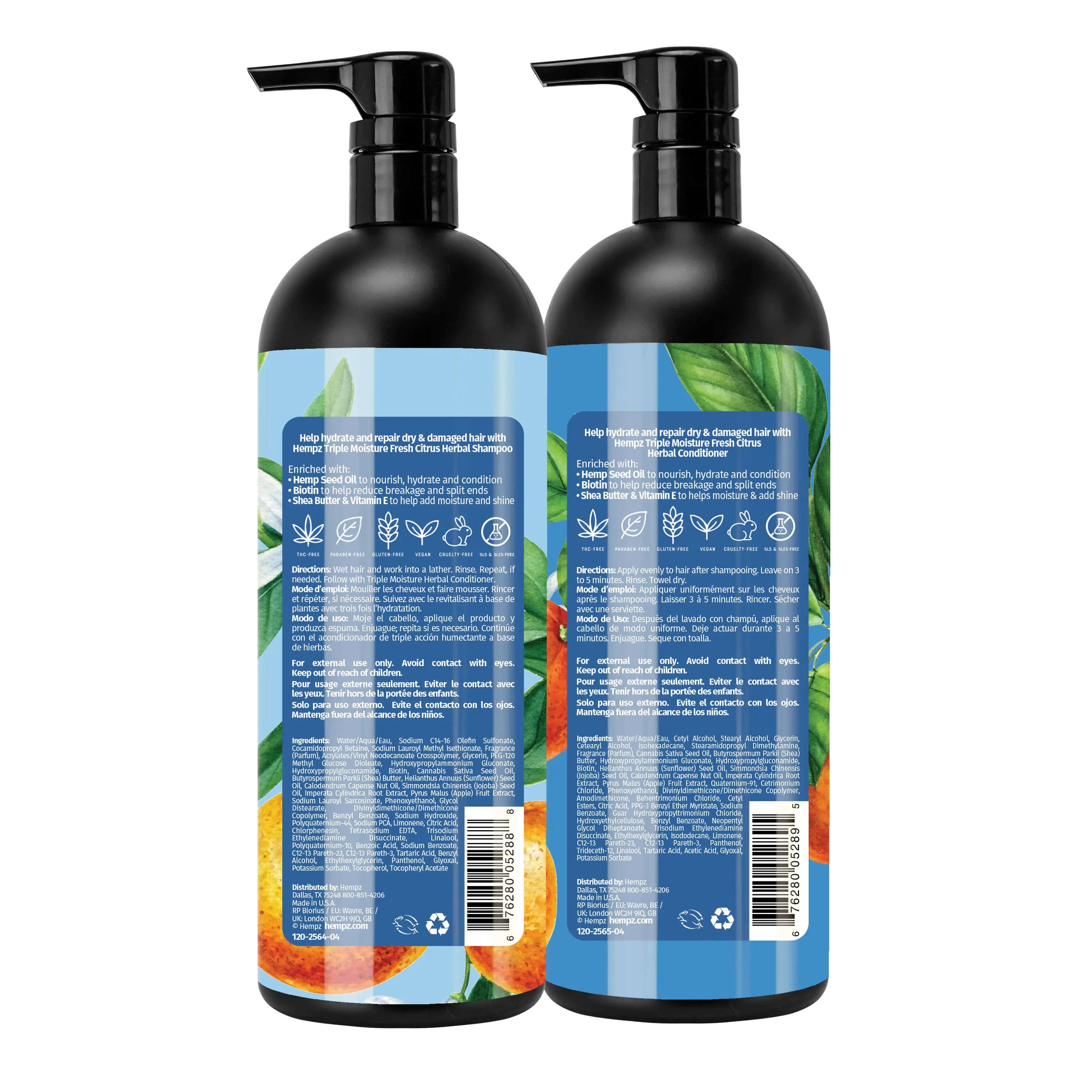Hempz Triple Moisture Fresh Citrus Shampoo & Conditioner Set with Vegan ...